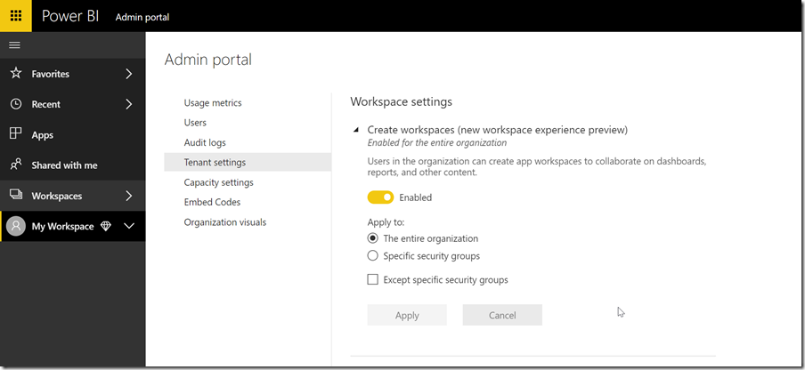 How do I enable Power BI Workspace Creation? – Cognition360